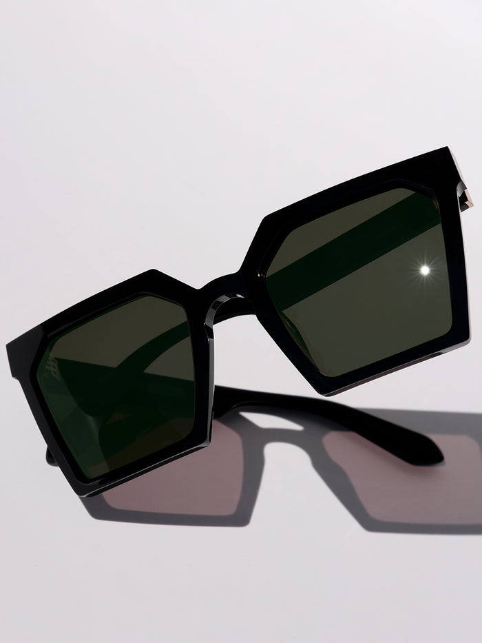 Double Down in Obsidian: Black Acetate Sunglasses with Olive Green Len